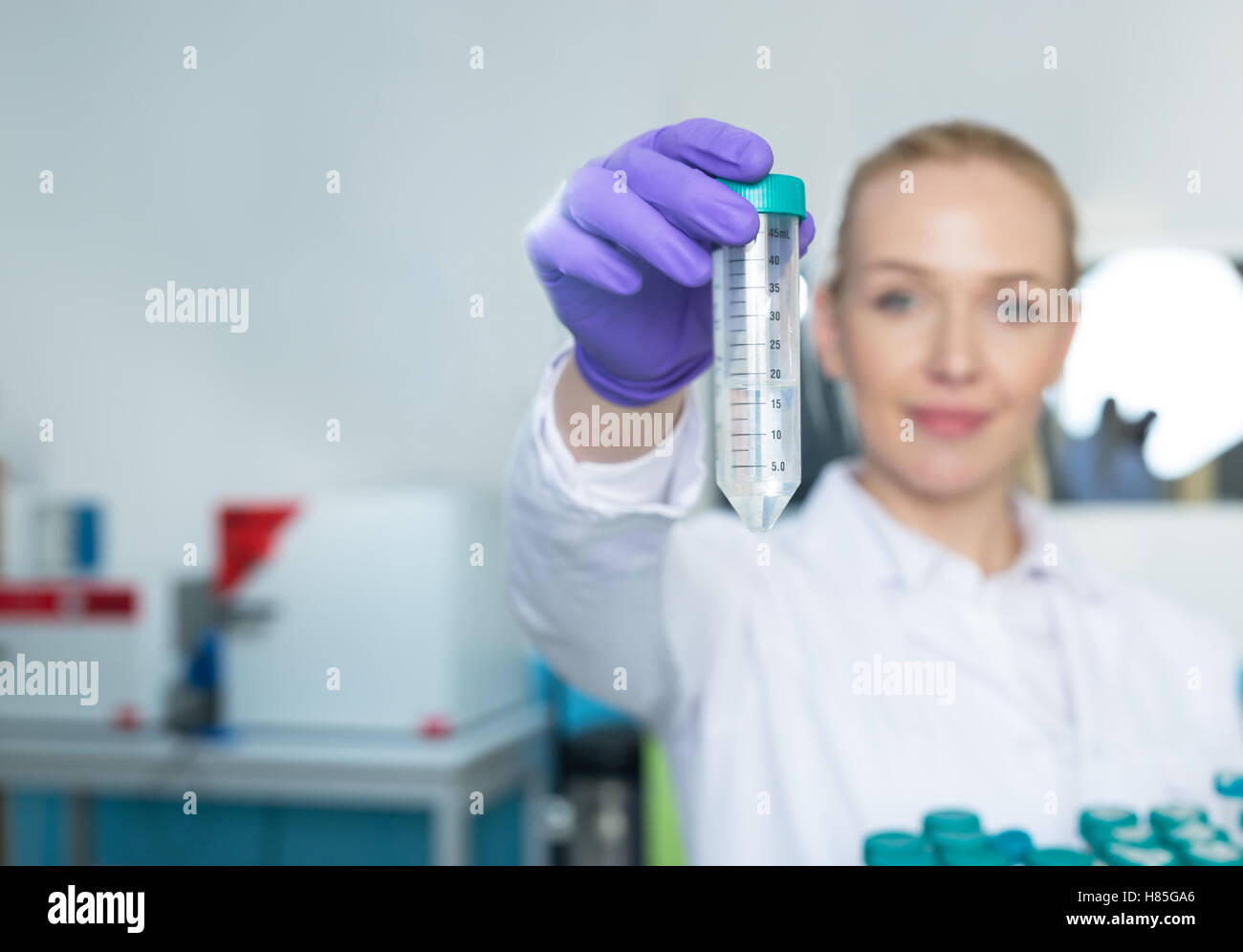 portrait of young woman scientist in lab analyzing liquid in retort ...