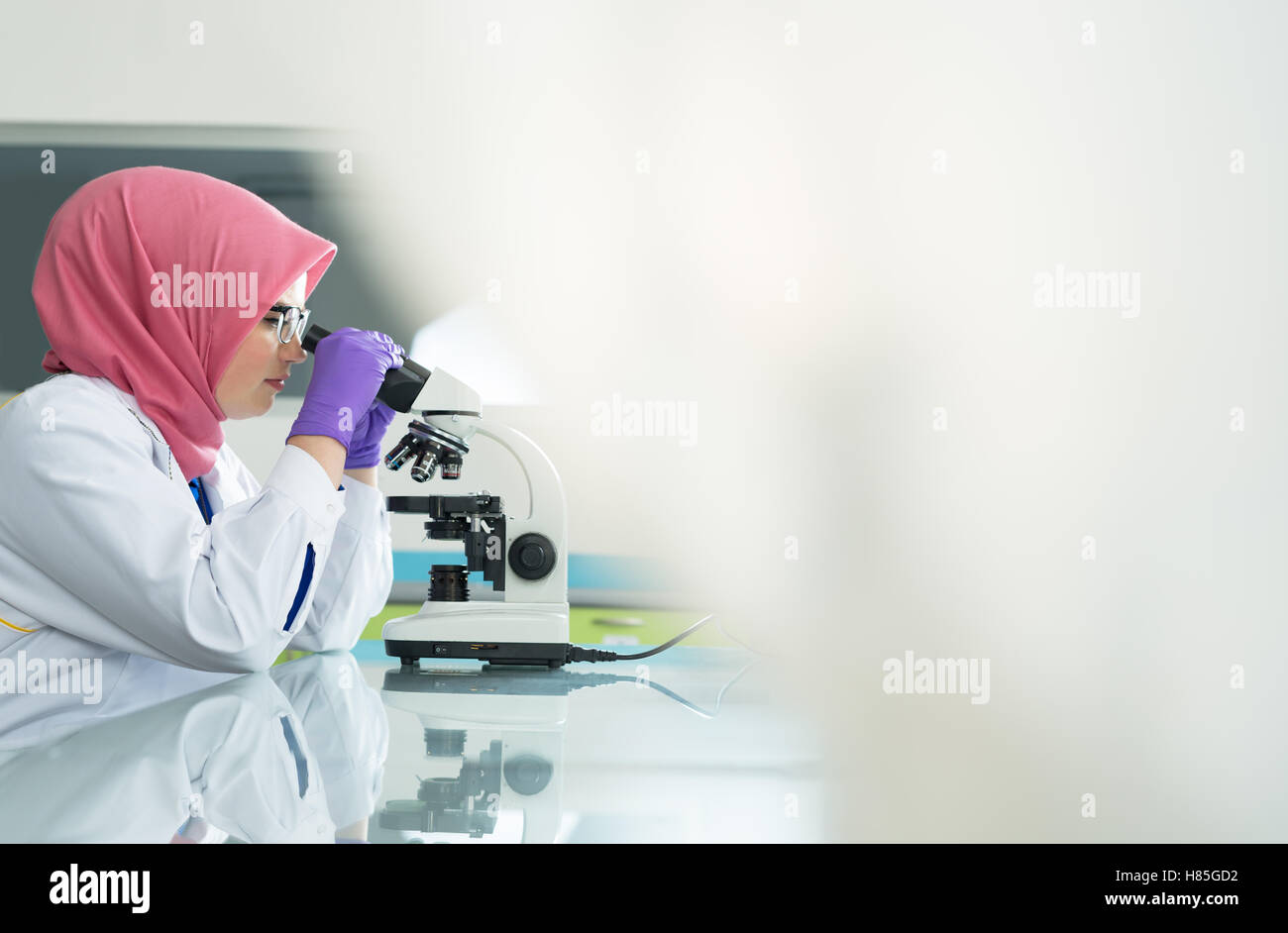 muslim lab worker with hijab or researcher doing an analysis in ...