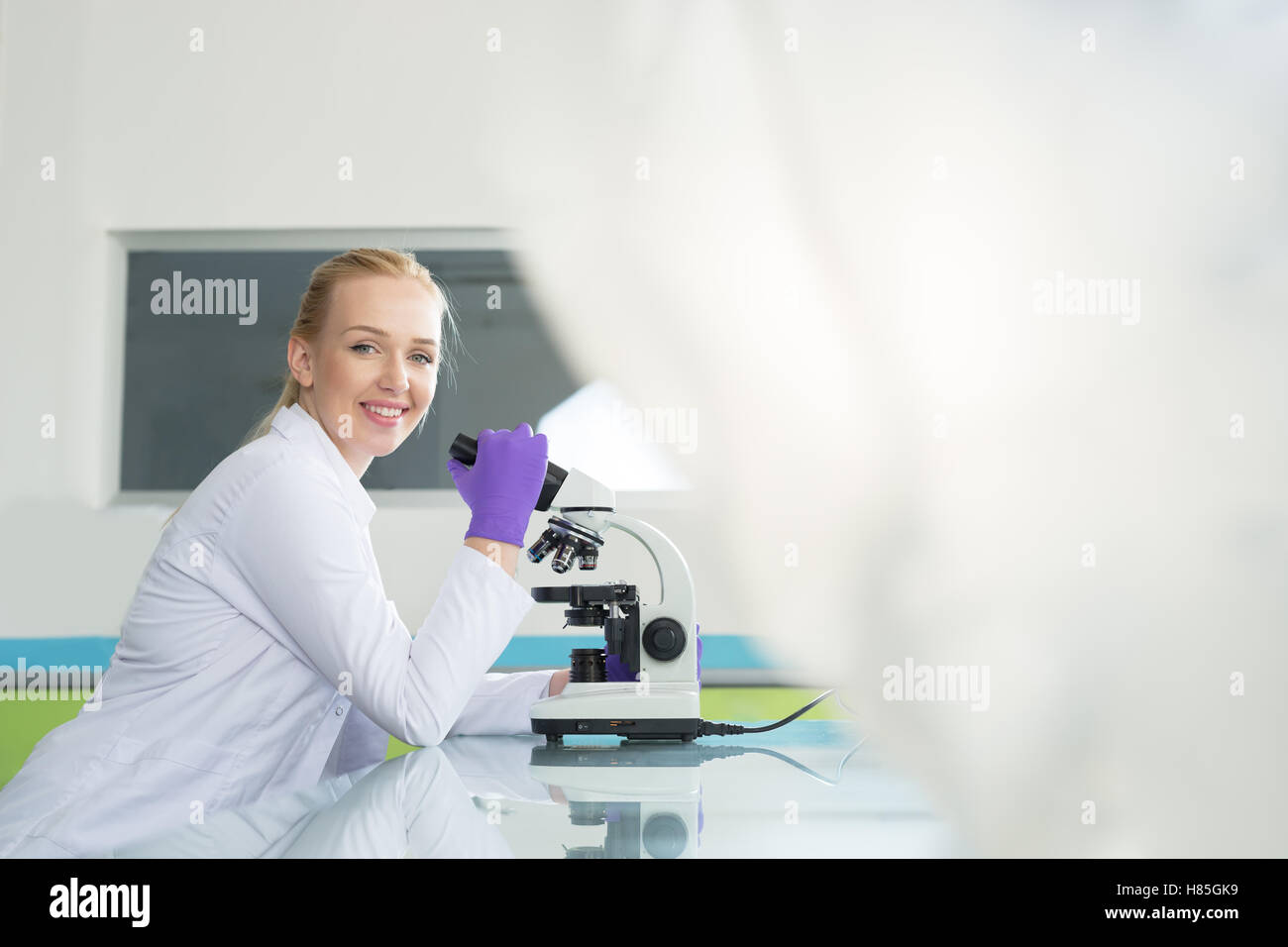 Doctor woman with microscope in laboratory. Scientific research Stock ...