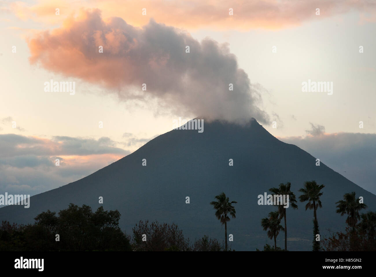 Steaming volcano at sunset, Mount Kaimondake, Satsuma Peninsula, Kyushu ...