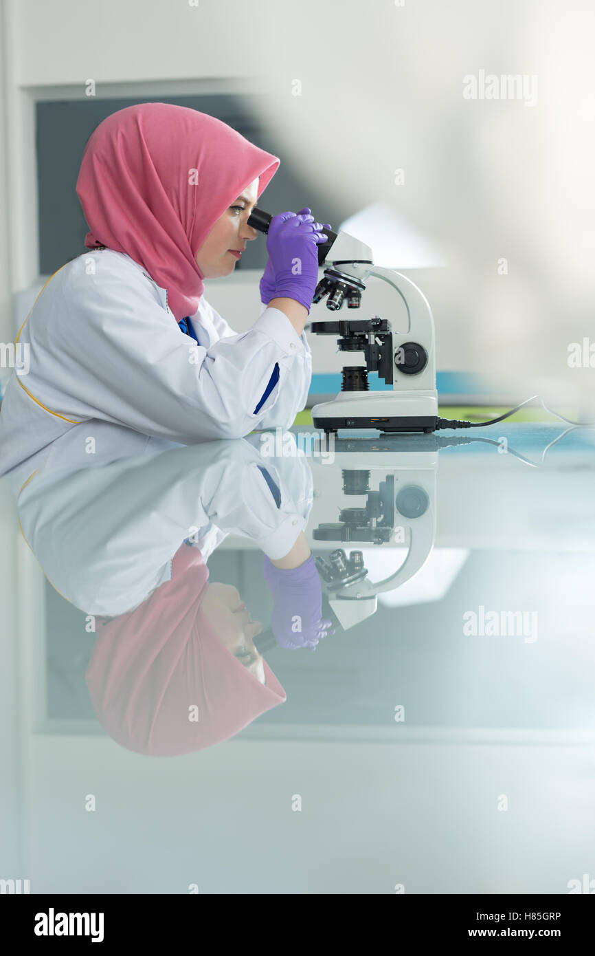 muslim lab worker with hijab or researcher doing an analysis in ...