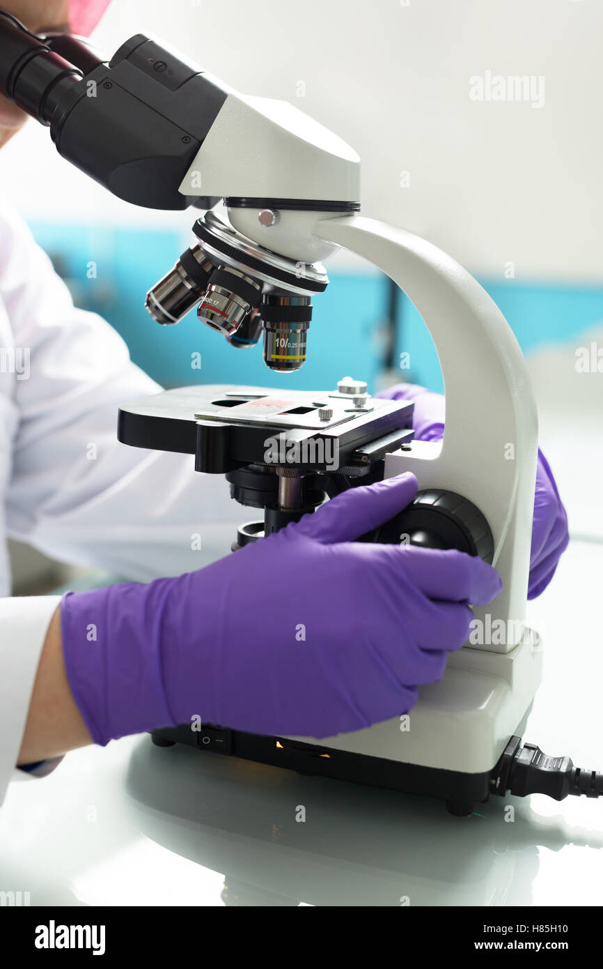 Scientist hands with microscope close-up shot in the laboratory Stock ...