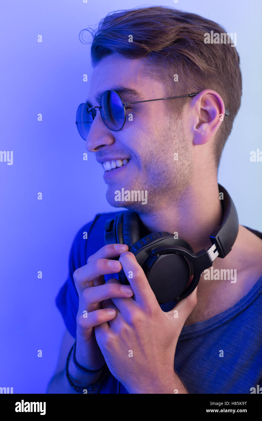 dj with headphones in nightclub party scene, toned image Stock Photo ...