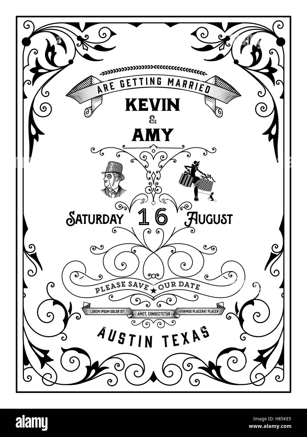 Card invitation celebration save Black and White Stock Photos & Images ...