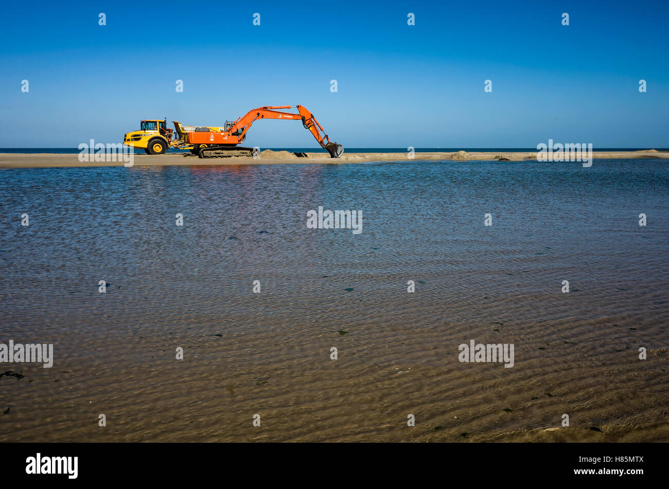 Digger digs up sand on one section of beach that is then transported to ...