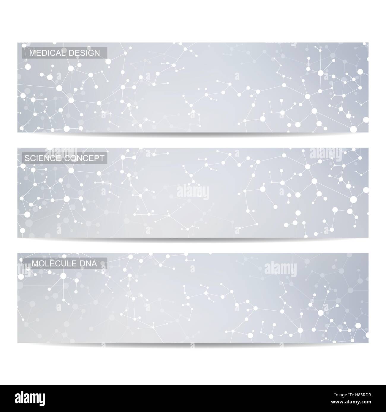 Set of modern science banners. Molecule structure of DNA and neurons ...