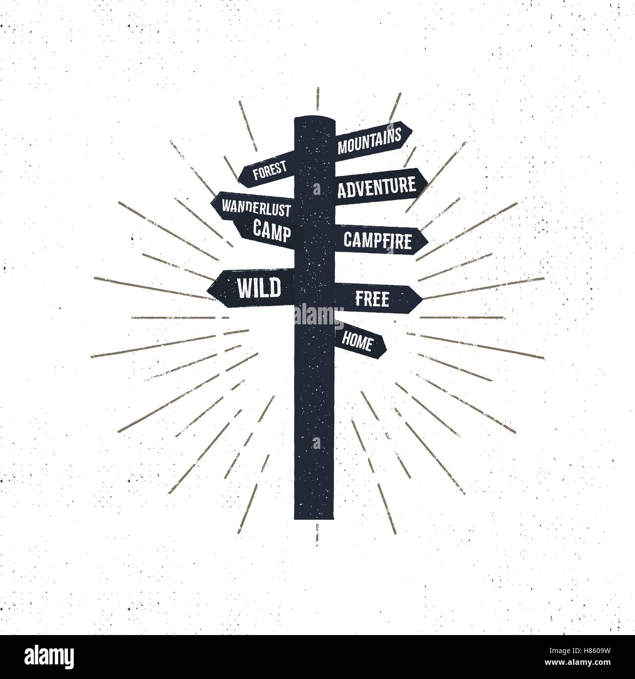 Hand drawn signpost icon with sunbursts. Retro signpost isolated ...