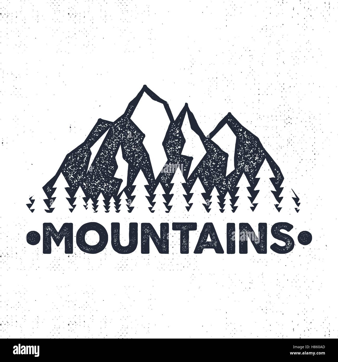 Hand drawn adventure label. Mountains and forest illustration ...