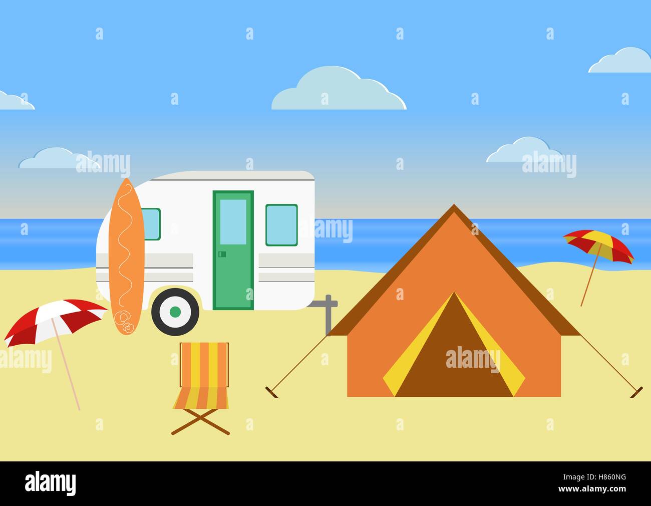Retro caravan on the beach, summer vacation, vector illustration,retro ...