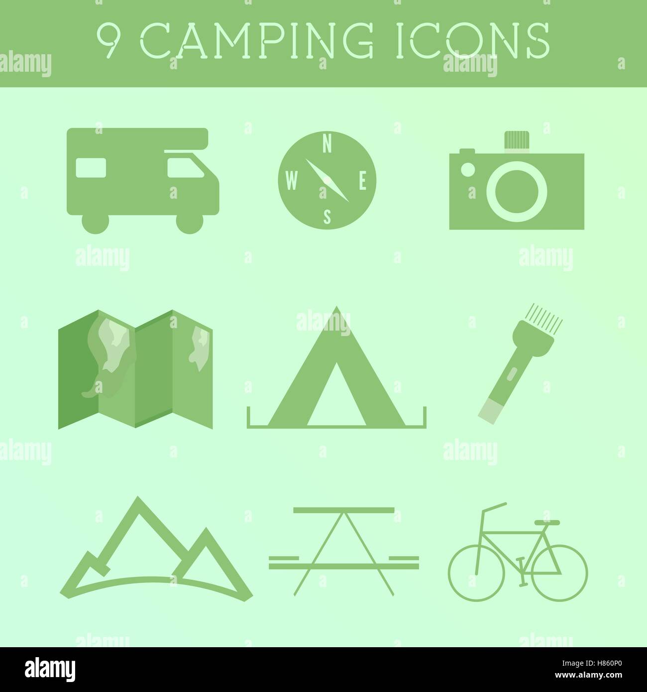 Set of Outdoor Summer camping Icons. RV, motorhome and travel elements ...
