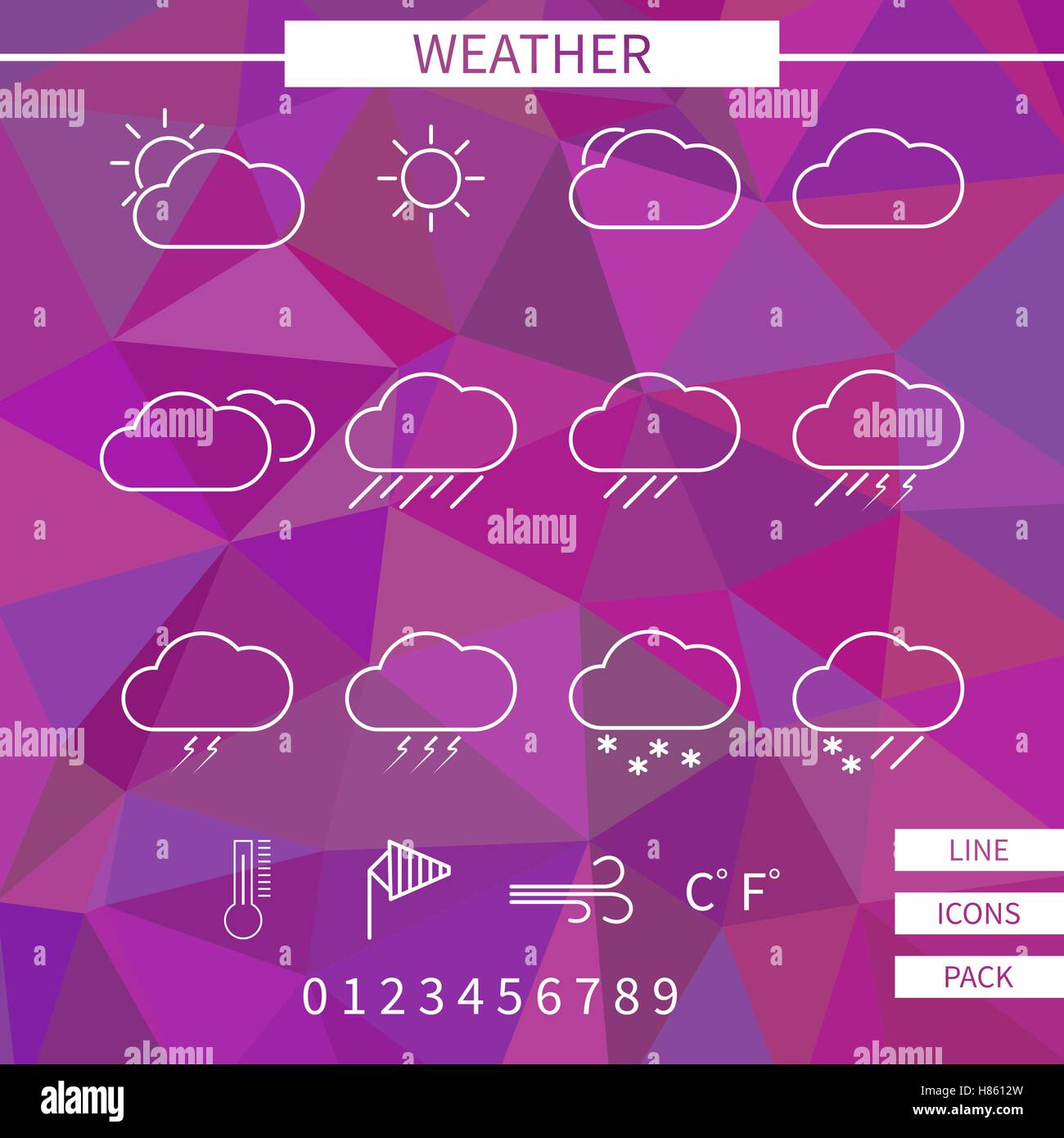 Weather icon set. White thin line elements on unusual polygonal pink ...