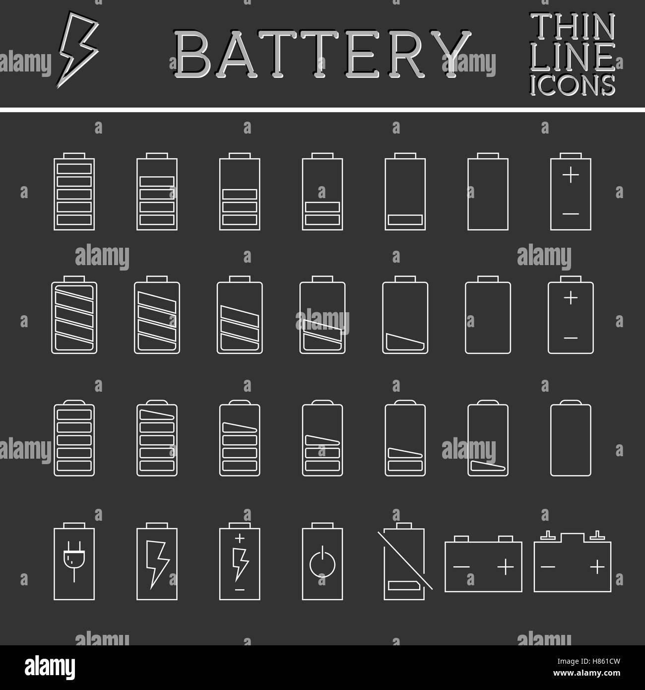 Set of battery charge level indicators. Trendy thin line, outline ...