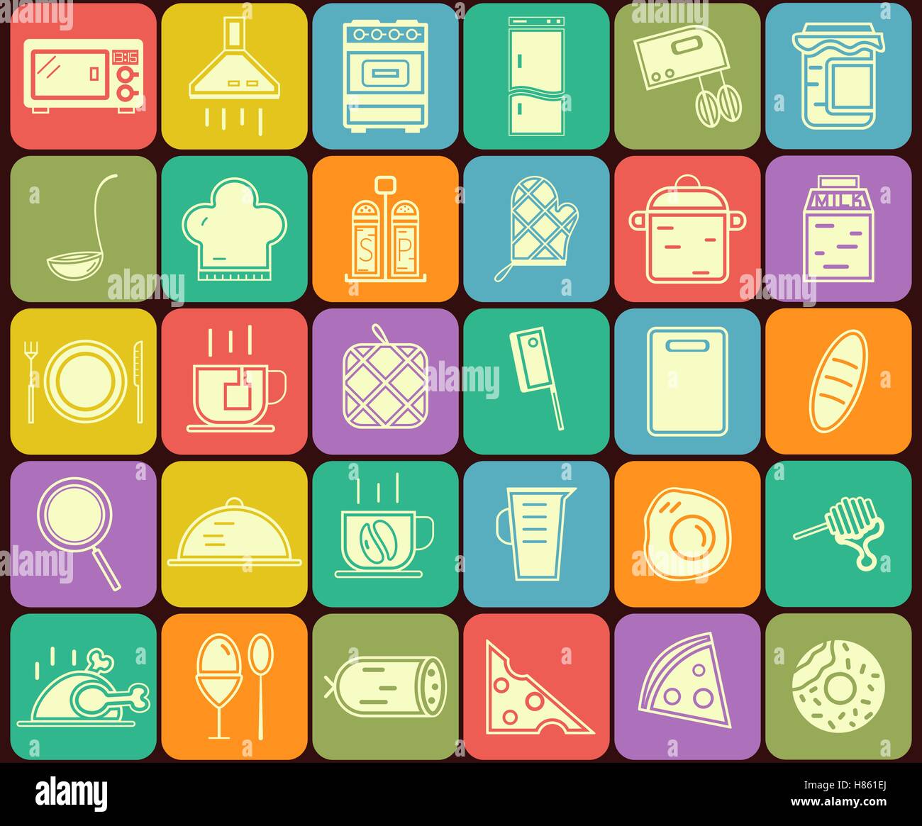 Set of kitchen and cooking icons in flat design. On multicolor buttons ...