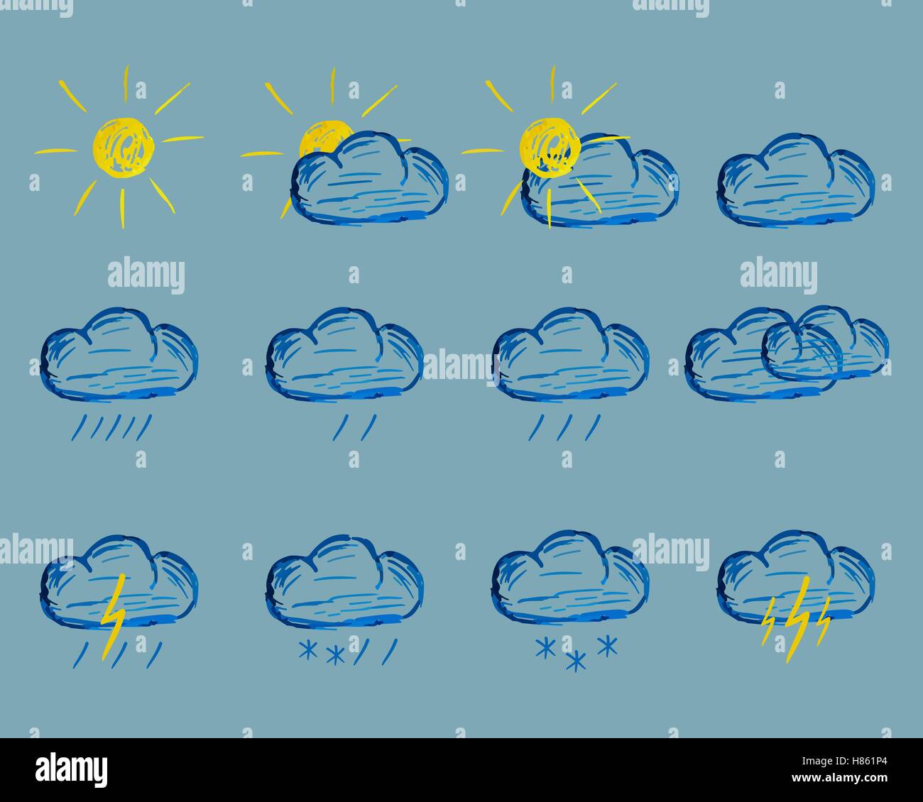 Weather markers drawing icons set. Sun and cloud. Felt pen drawing ...