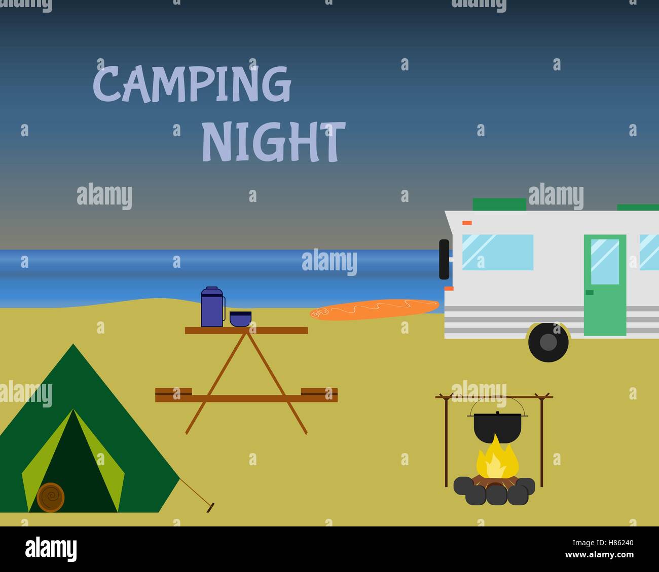 Vintage camping night concept. Retro caravan, motorhome, rv on the ...