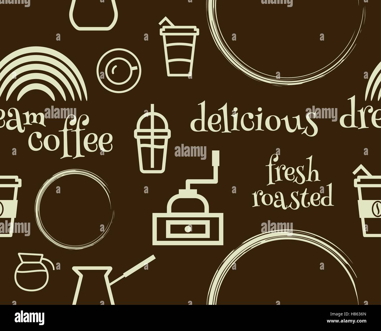 Coffee seamless pattern with stains, line coffee icons and keywords ...