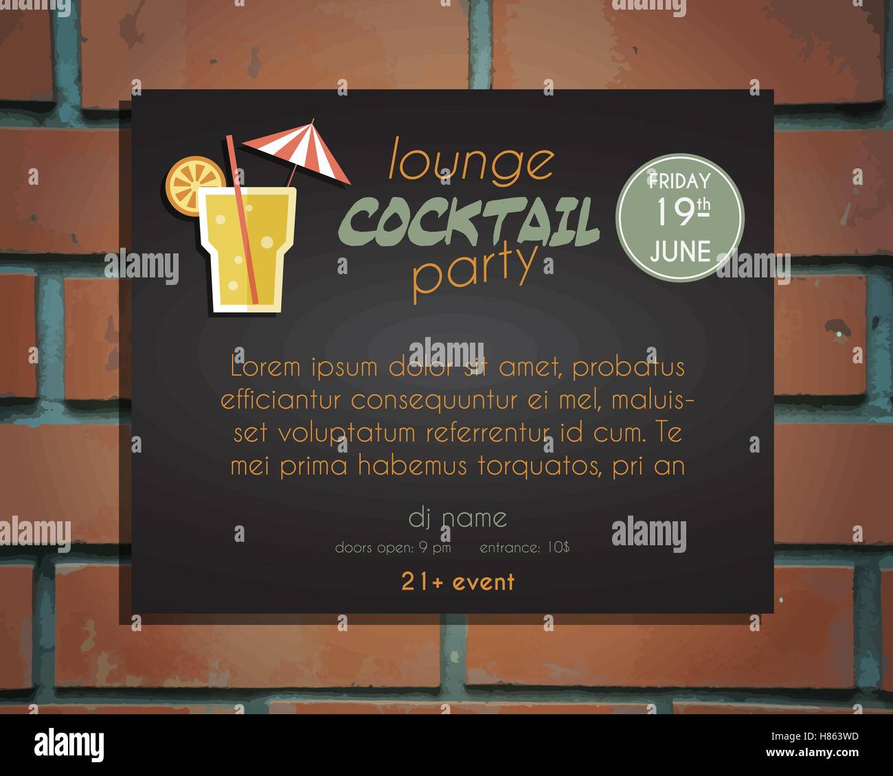Lounge cocktail party poster invitation template with Screw driver ...