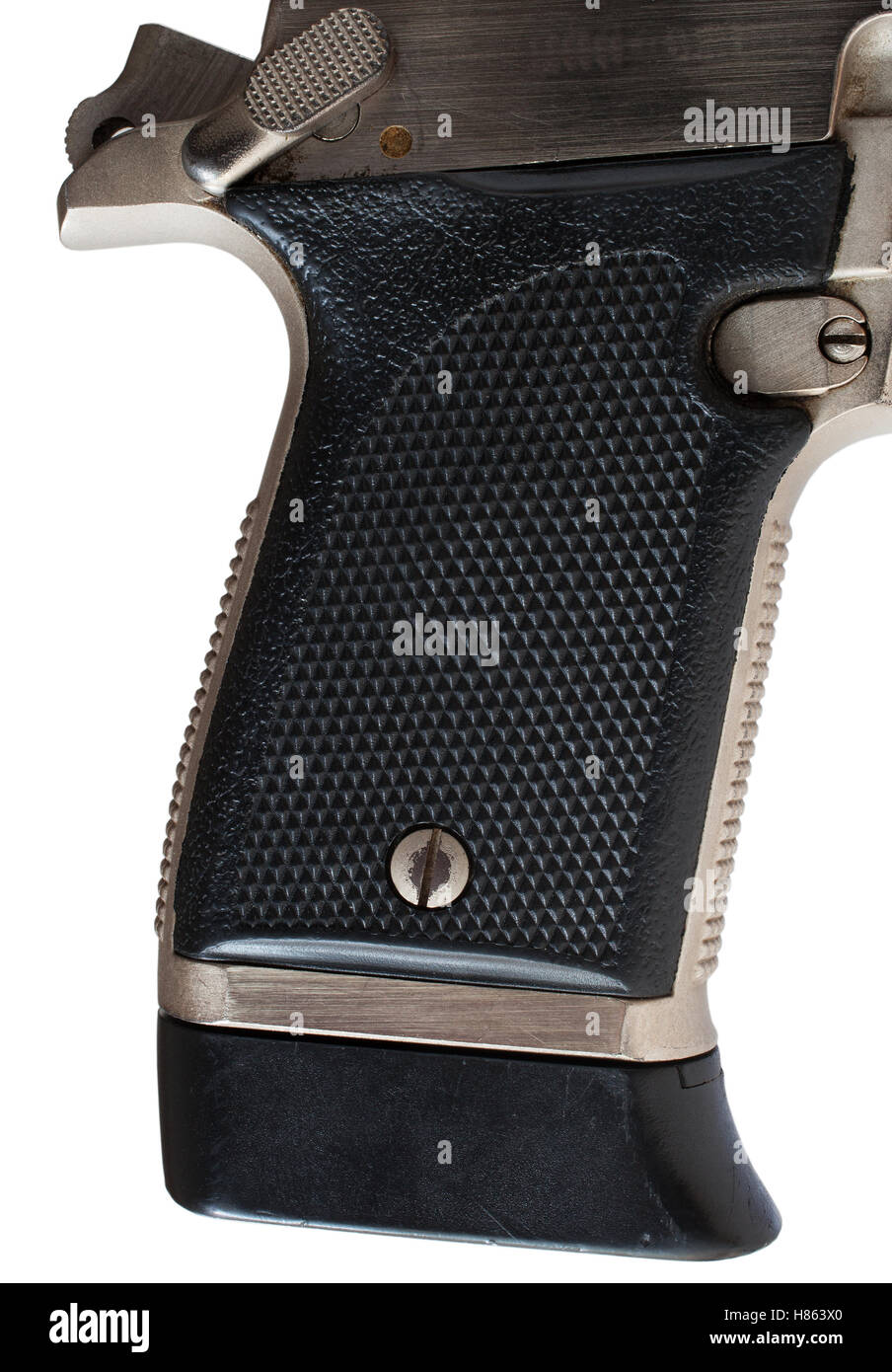 Black grip that is on a stainless steel handgun Stock Photo - Alamy