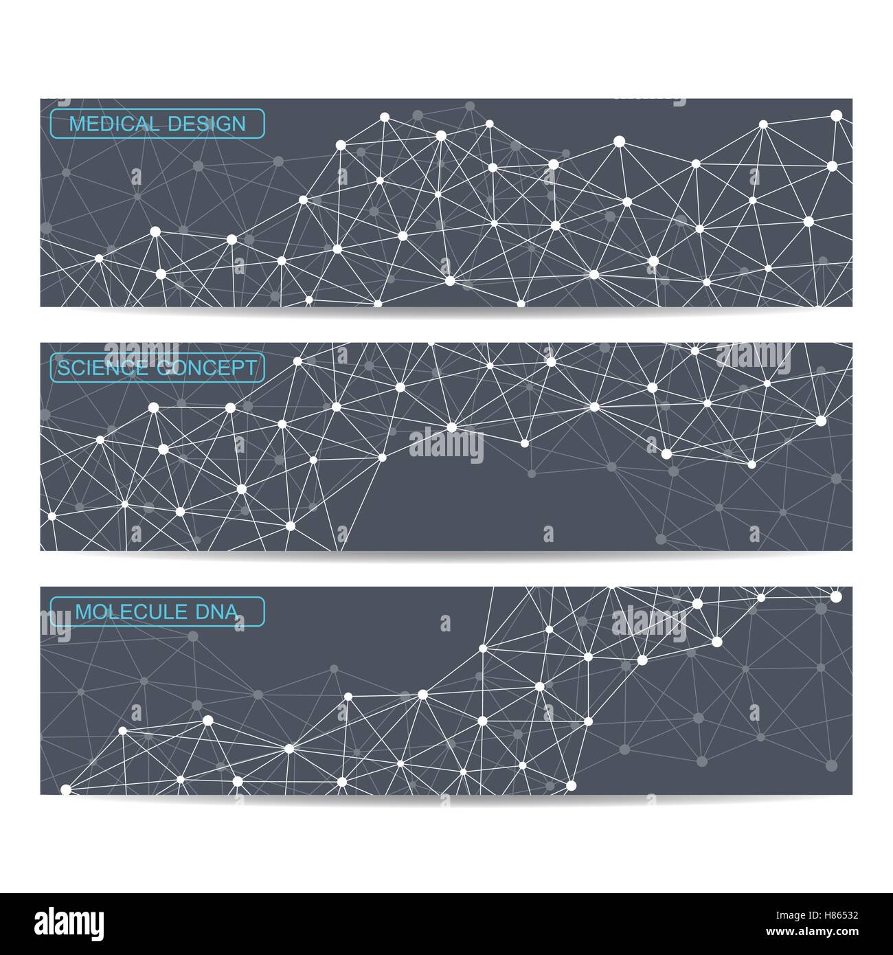 Set of modern science banners. Molecule structure of DNA and neurons ...