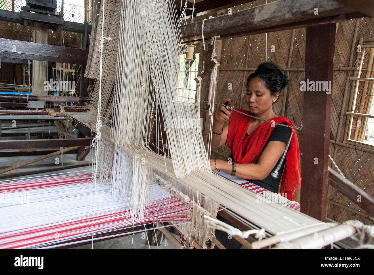 Woman using loom to weave cloth, India Stock Photo - Alamy