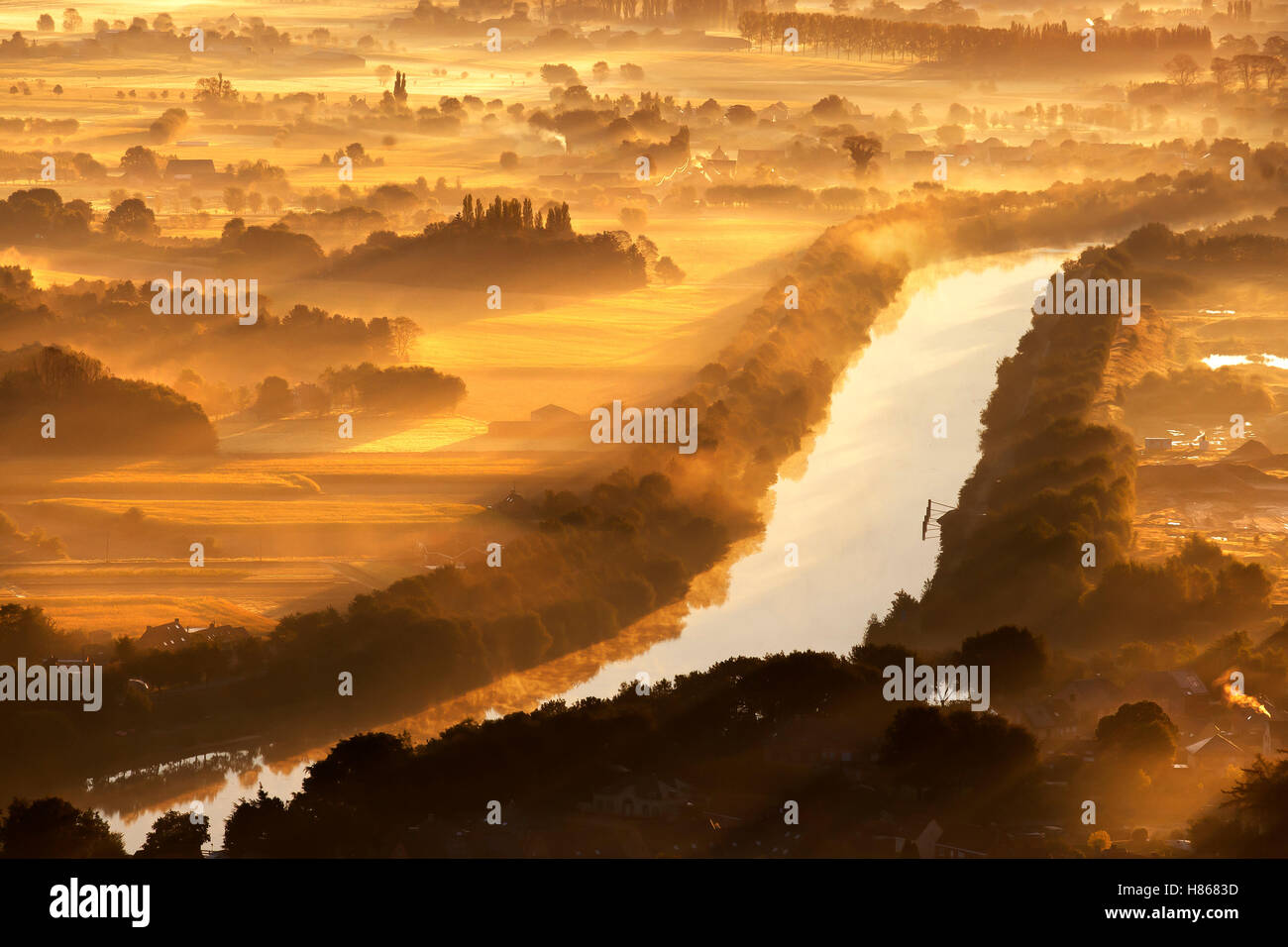 Valley at sunrise, Valley of Yzer, Belgium Stock Photo - Alamy