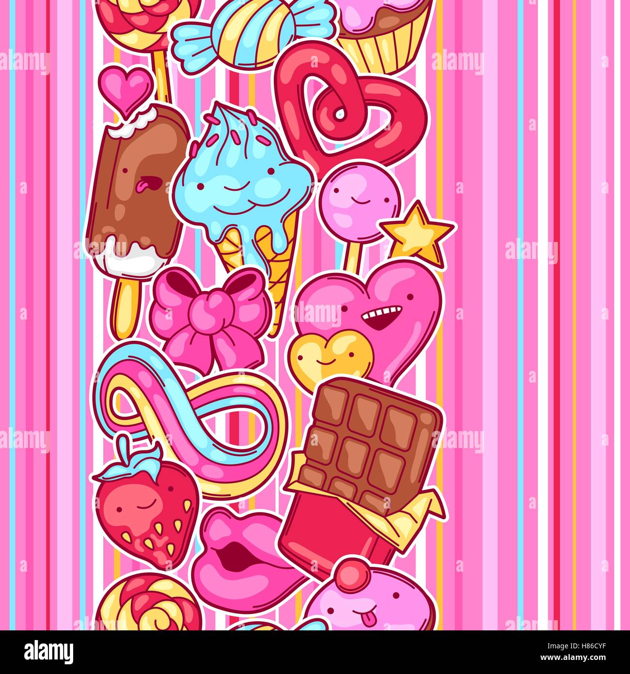 Seamless kawaii pattern with sweets and candies. Crazy sweet-stuff in ...