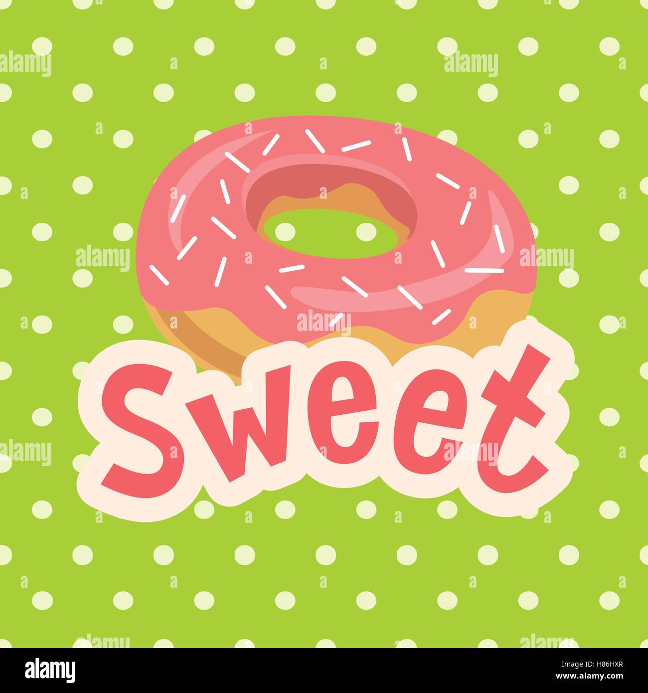 Sweet label with donut. on polka-dot background. Vector illustration ...