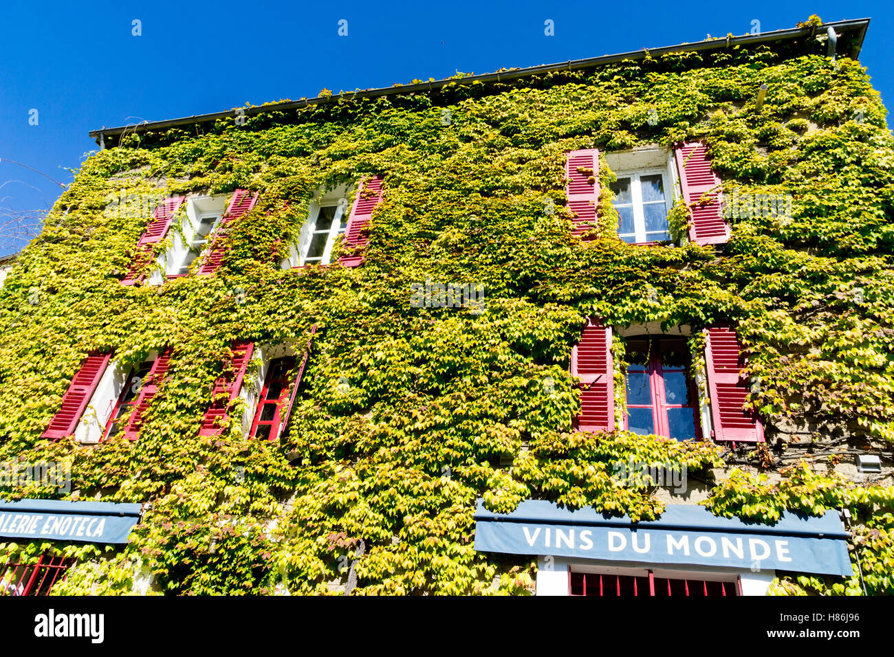 Typical ivy covered building in the village of Grimaud, Var, France. In ...