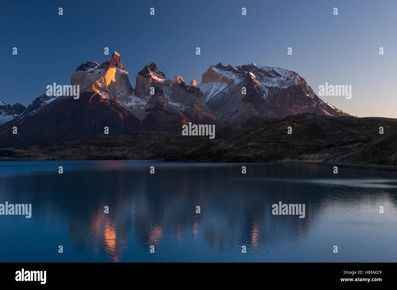 Mountain range and Pehoe Lake, Paine Massif, Torres del Paine National Park, Patagonia, Chile ...