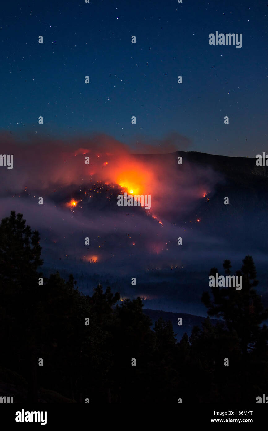 The Lake Fire, forest fire at night during the drought, south of Big ...