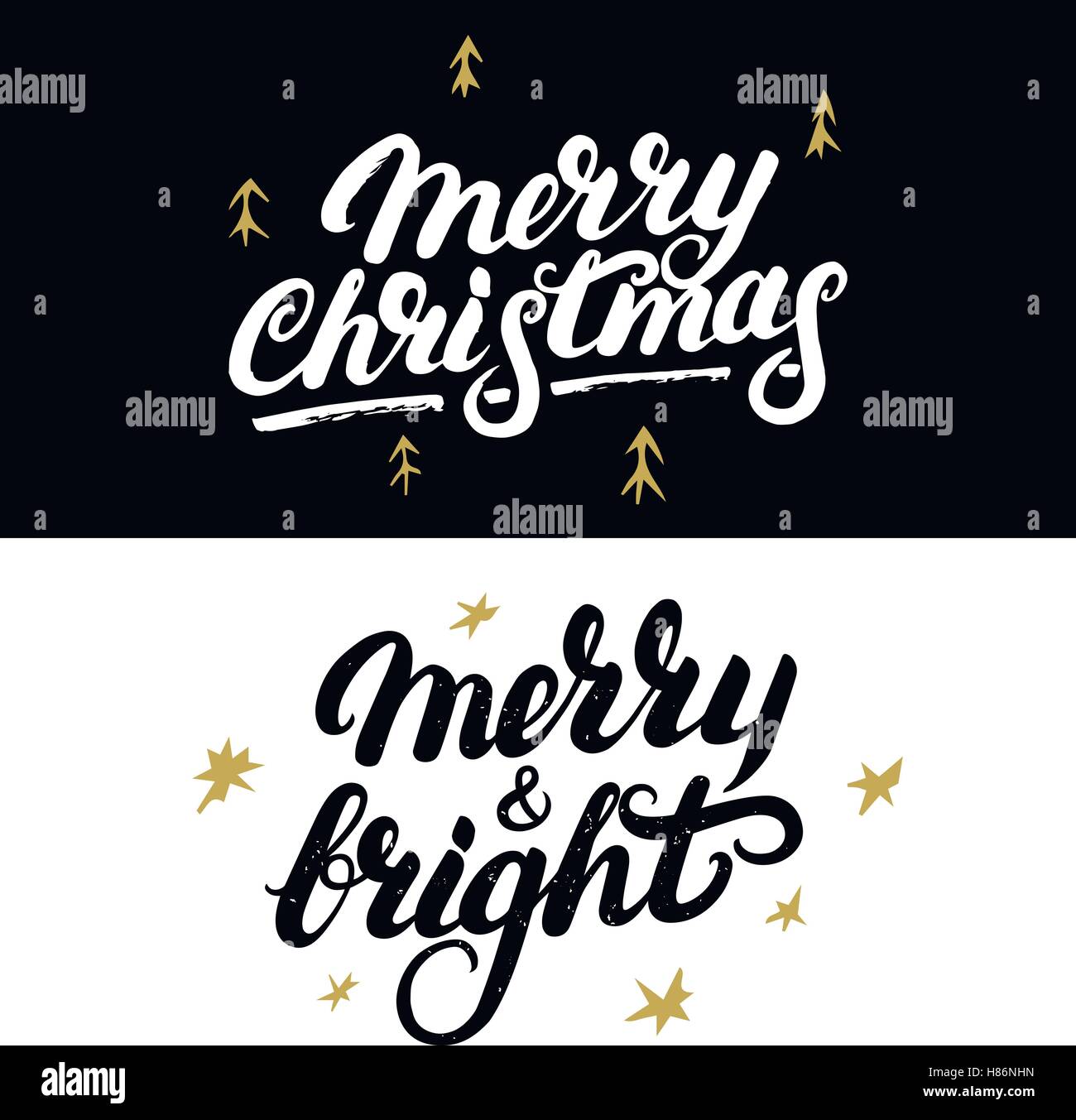 Set of Merry Christmas and Merry and Bright hand written lettering with ...