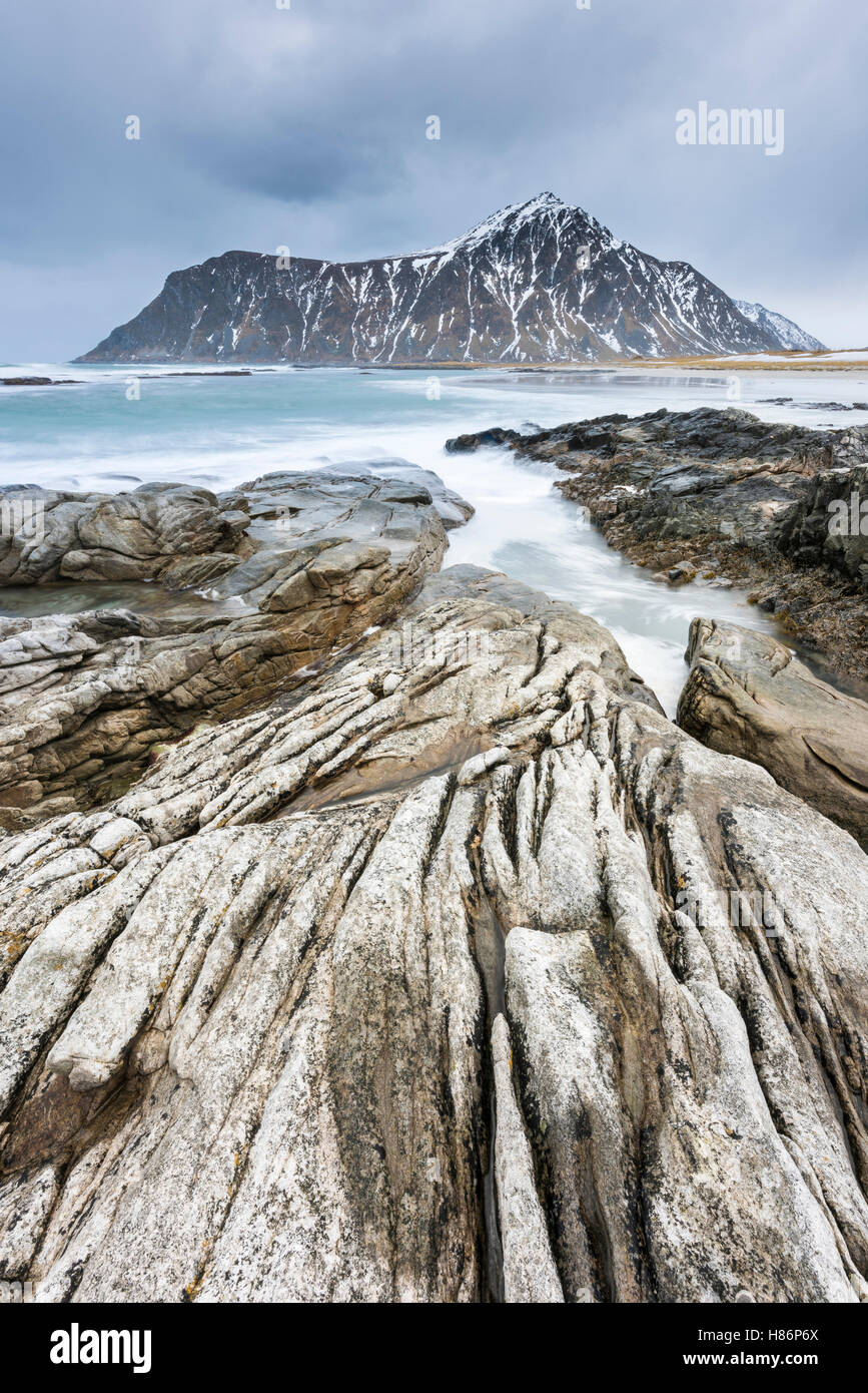Rocks and fjord, Flakstad Beach, Lofoten Islands, Nordland, Norway ...