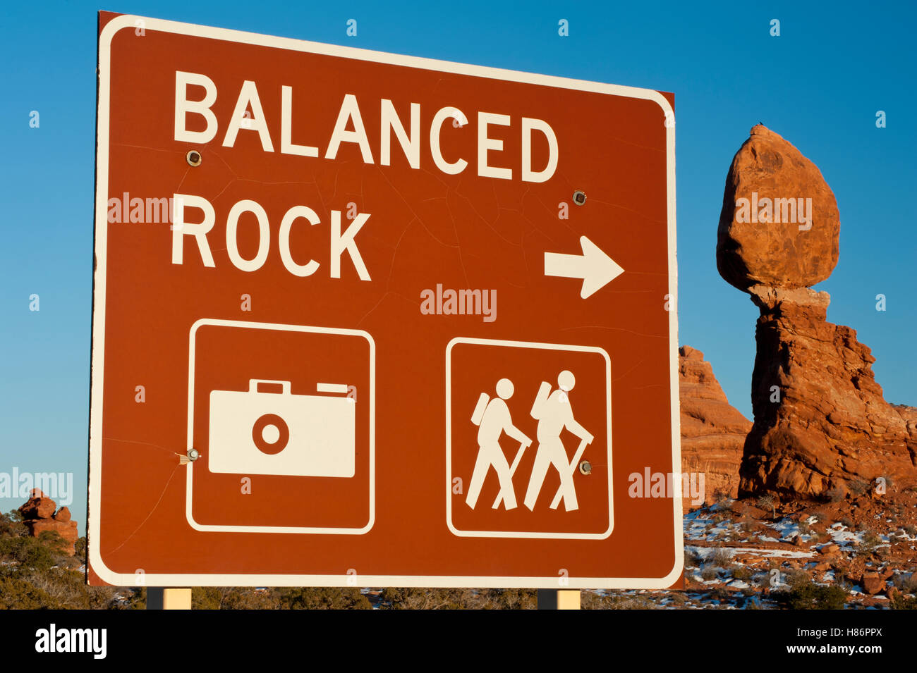 Sign indicating rock formation, Balanced Rock, Arches National Park ...