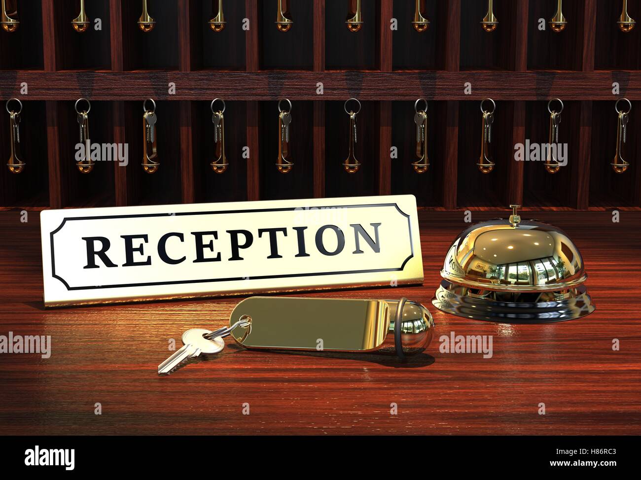 Reception with hotel key and bell 3D rendering Stock Photo - Alamy