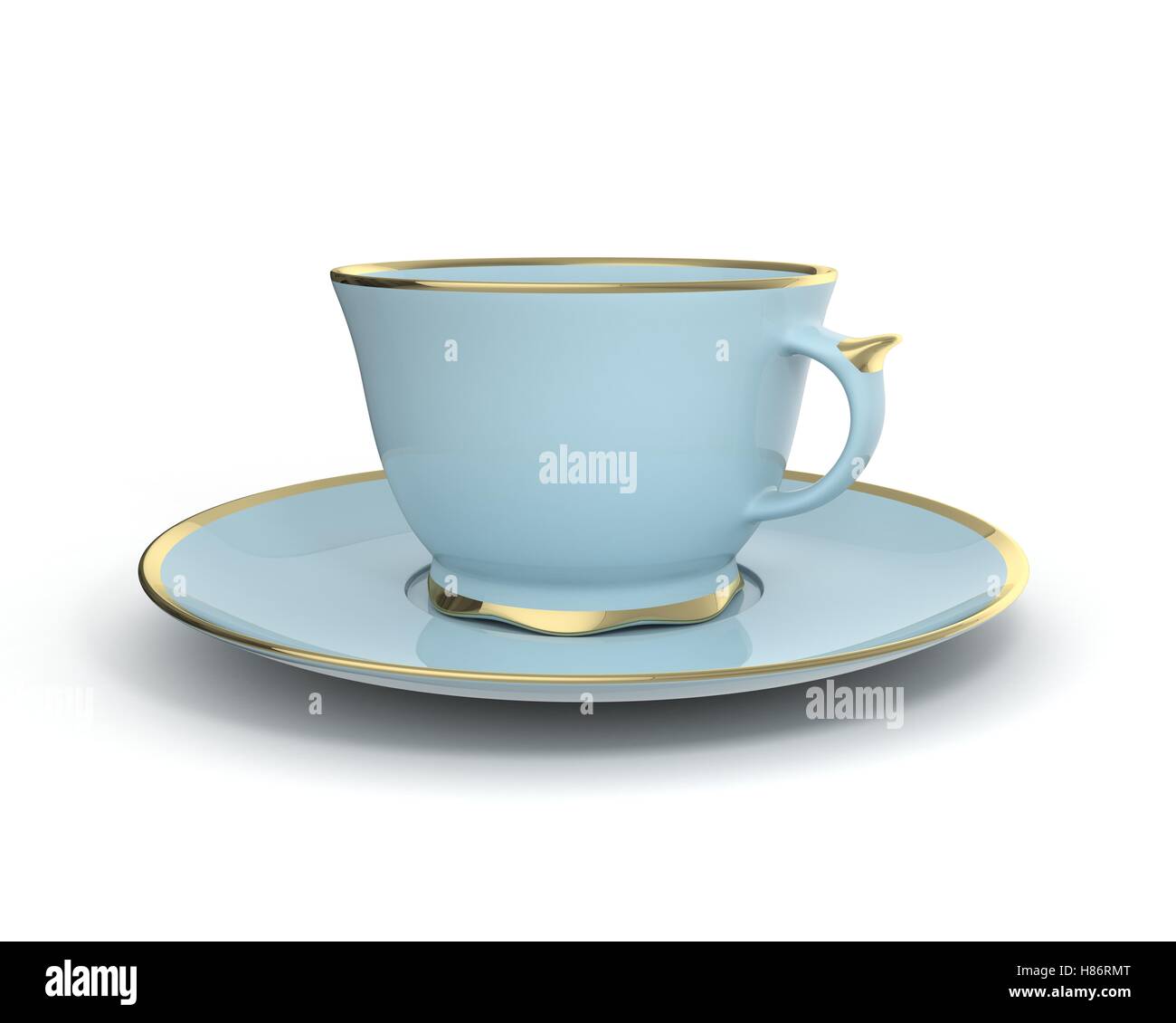 Isolated antique porcelain light blue tea cup on saucer with gold ...