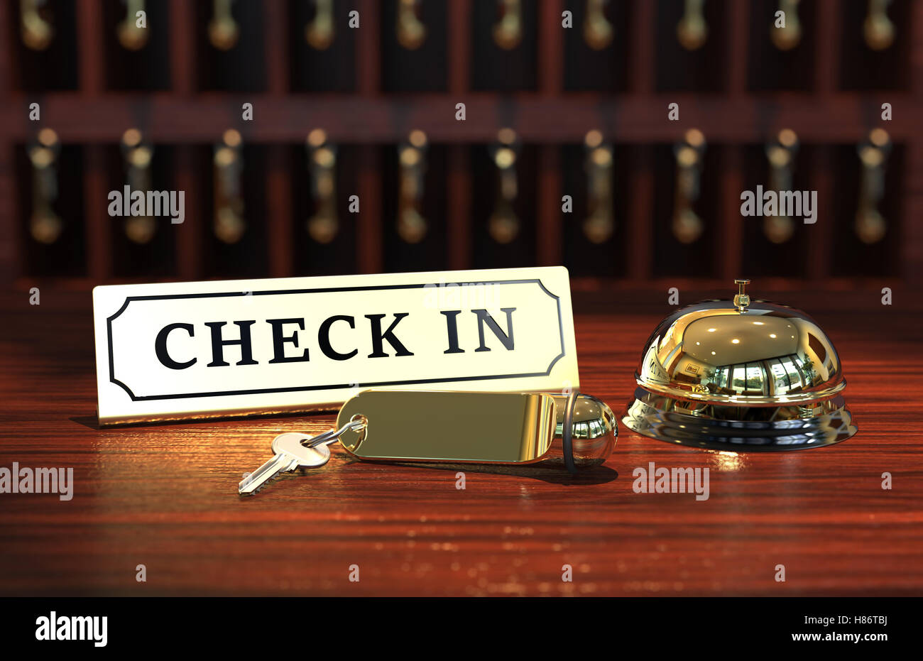 Check in reception with hotel key and bell 3D rendering Stock Photo - Alamy