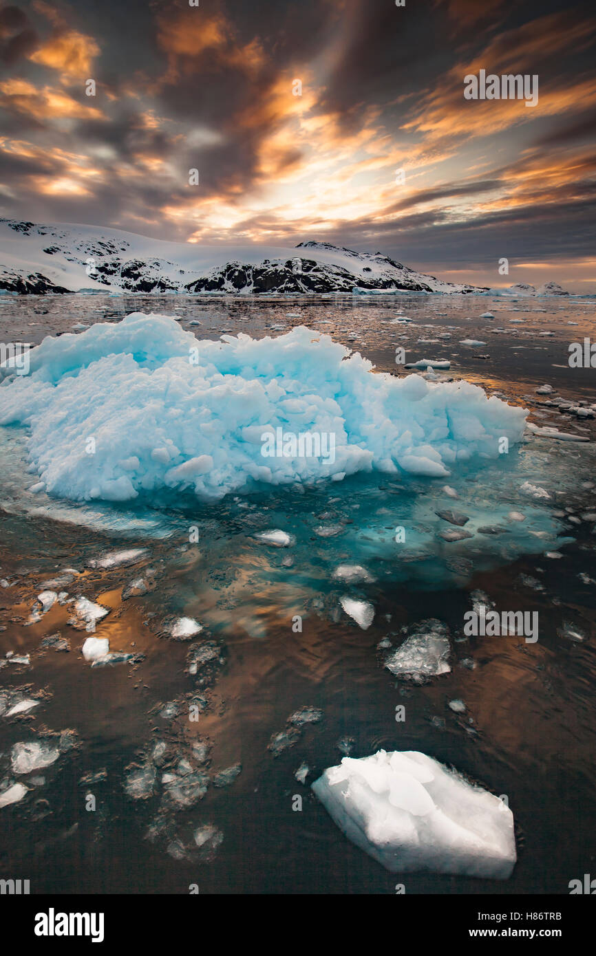 Brash ice and small iceberg at sunset, Cierva Cove, Antarctic Peninsula ...