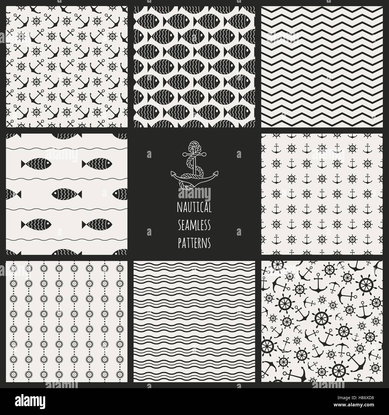 Set of 8 seamless nautical patterns with anchors, ship wheels, fish ...