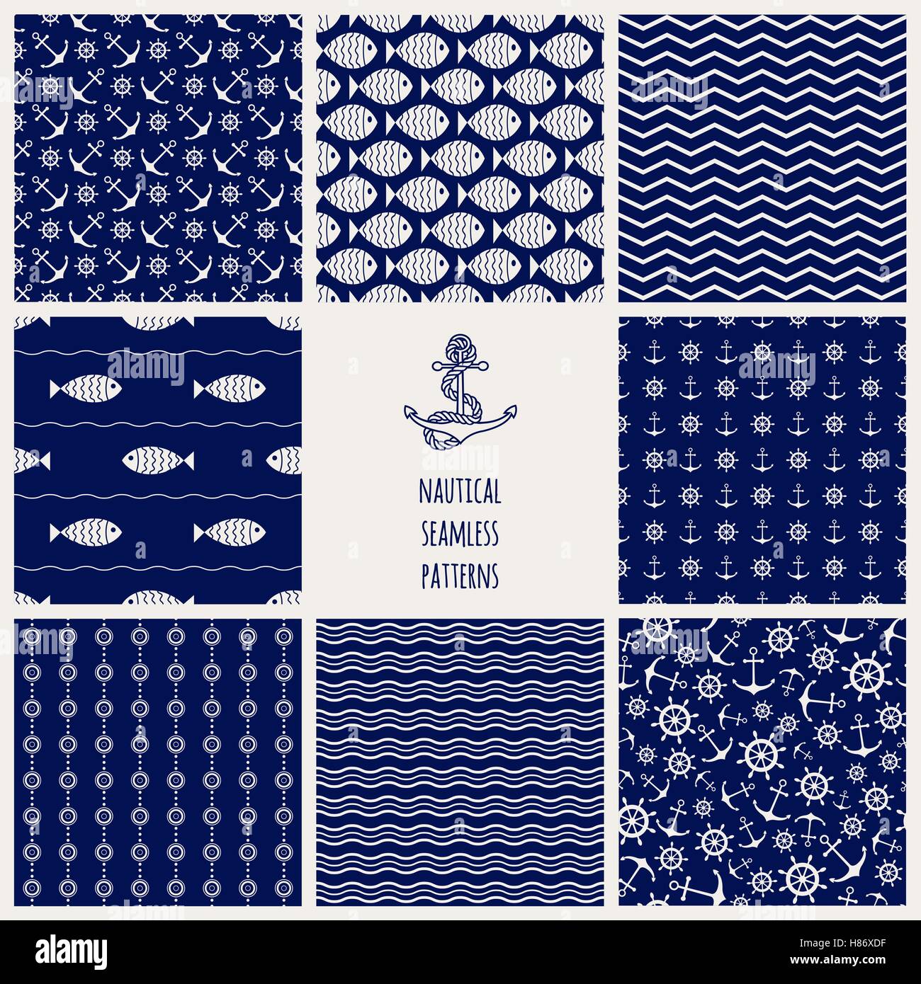 Set of 8 seamless nautical patterns with anchors, ship wheels, fish ...