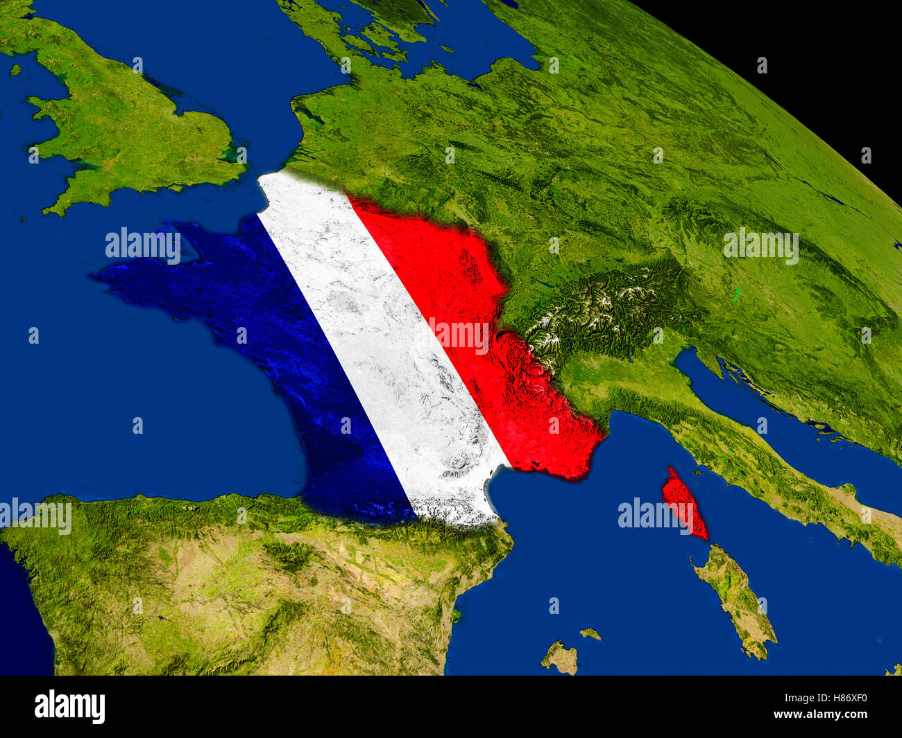 Map of France with embedded flag on planet surface. 3D illustration ...