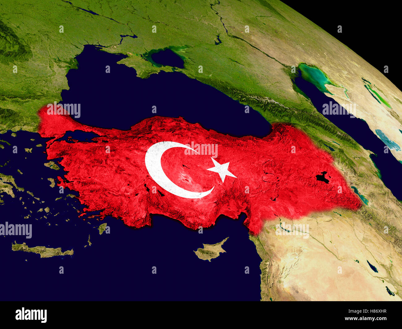 Map of Turkey with embedded flag on planet surface. 3D illustration ...