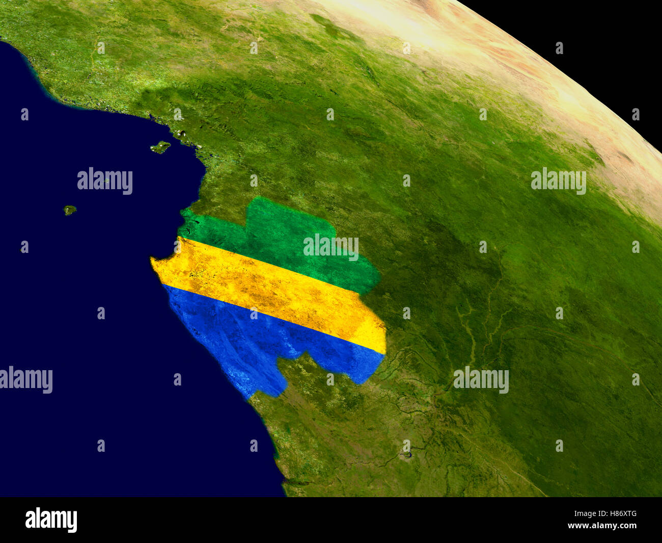 Map of Gabon with embedded flag on planet surface. 3D illustration ...
