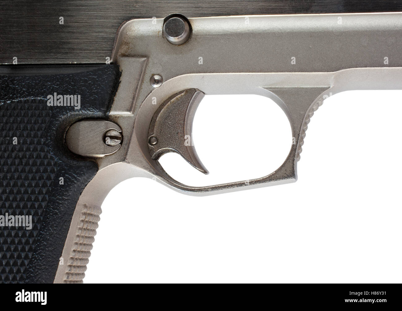 Stainless steel trigger that is on a semi automatic handgun Stock Photo ...