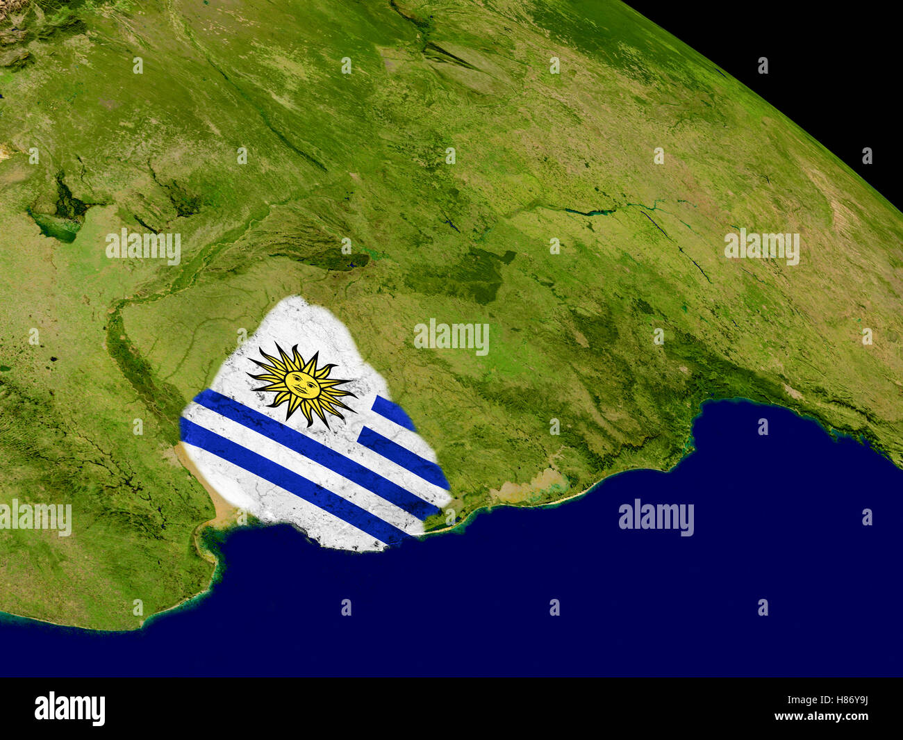 Map of Uruguay with embedded flag on planet surface. 3D illustration ...