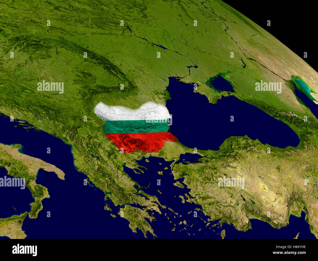 Map of Bulgaria with embedded flag on planet surface. 3D illustration ...