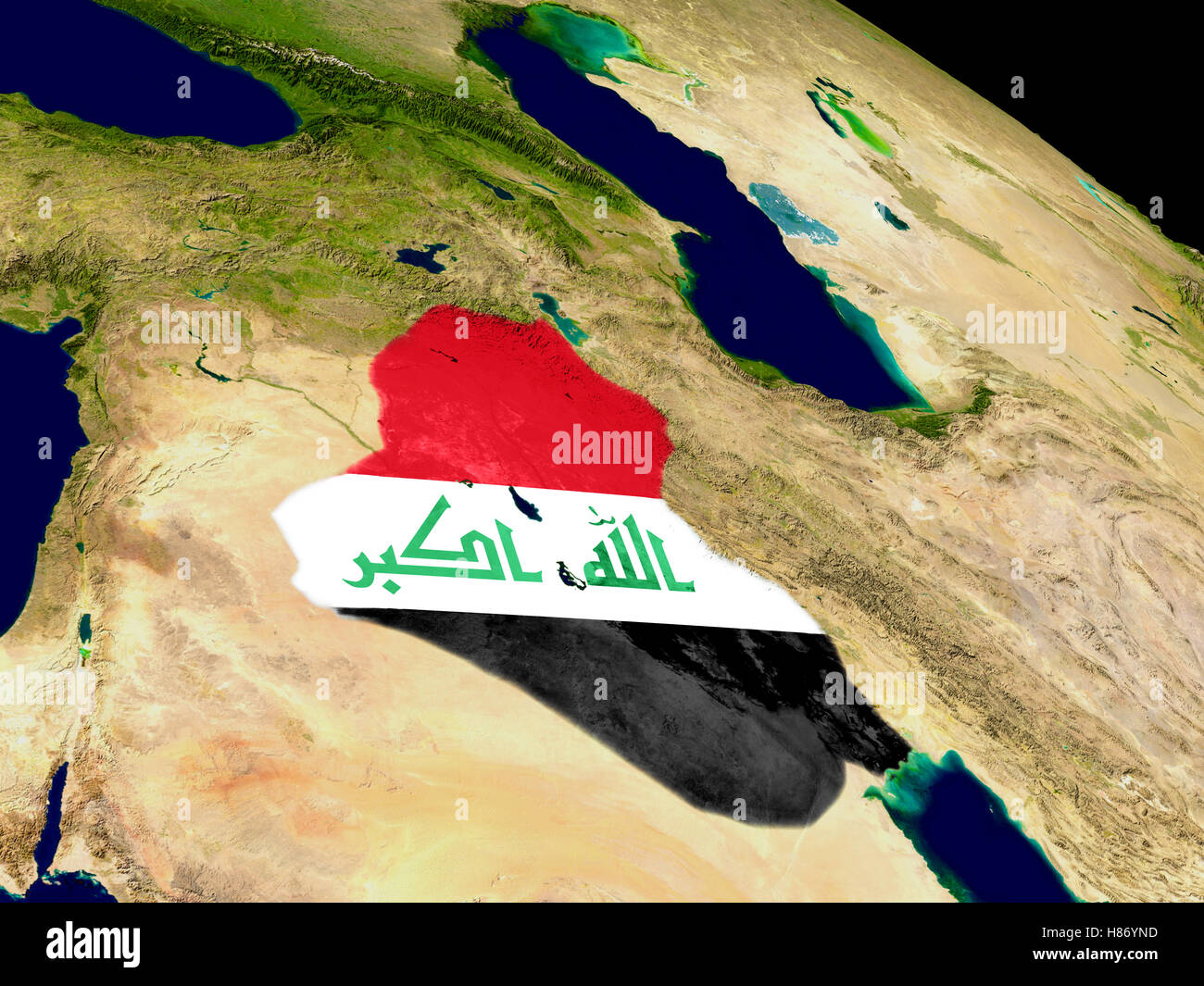 Map of Iraq with embedded flag on planet surface. 3D illustration ...