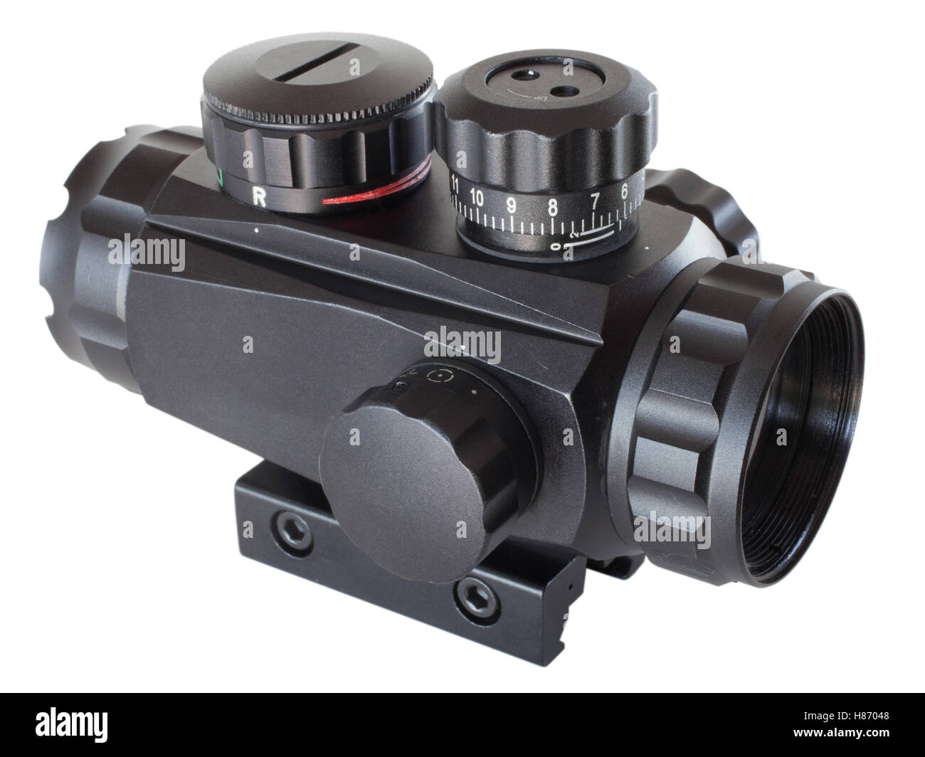 Riflescope with plenty of adjustment knobs isolated on white Stock ...