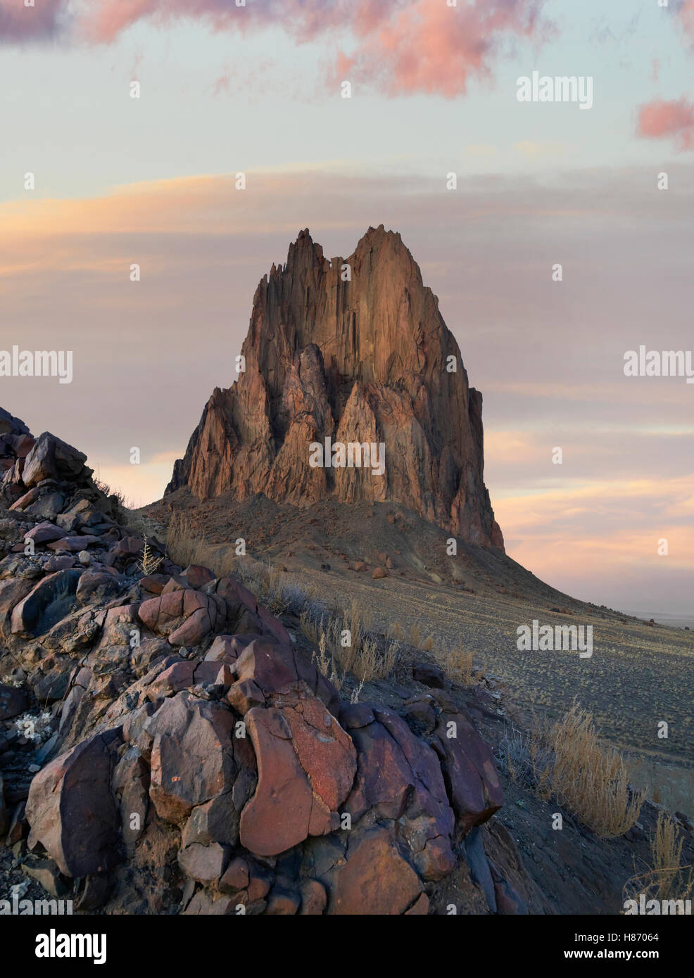 Rock formation at sunset,remenant basalt core of extict volcano, Ship ...