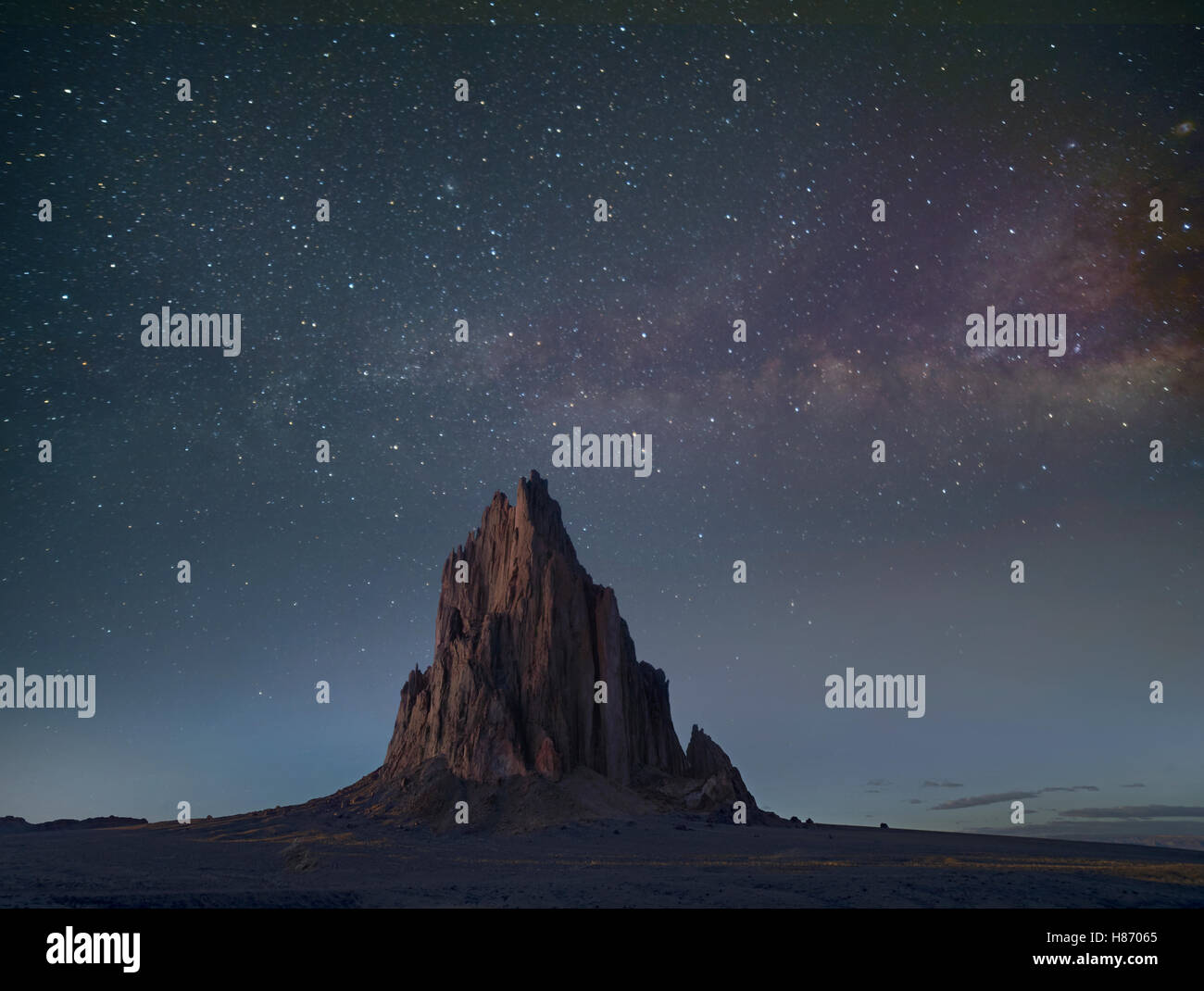 Rock formation at night, remnant basalt core of extinct volcano, Ship ...