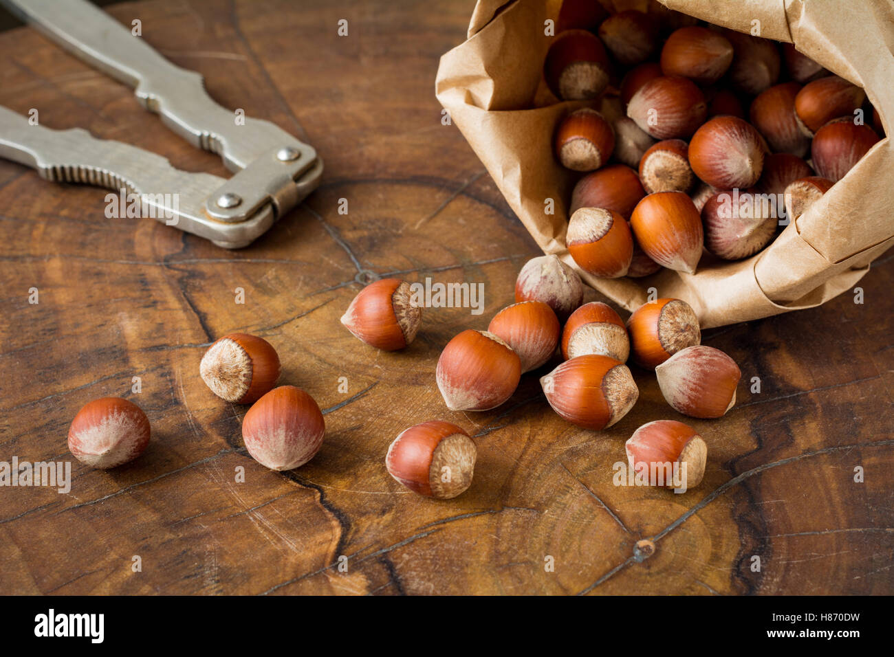 Hazelnuts, organic healthy snack and vintage nutcracker on wooden ...